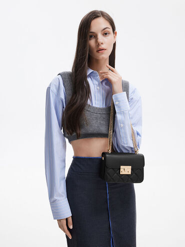 Black Alva Quilted Chain-Handle Bag - CHARLES & KEITH IN