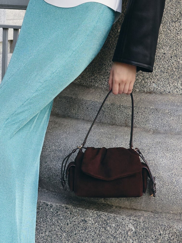 Espresso Brown Khai Recycled Suede Ruched-Flap Side-Pocket Top Handle ...