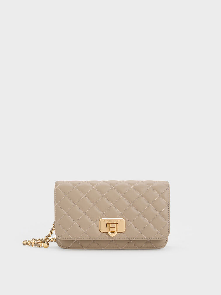 Taupe Cressida Quilted Push-Lock Clutch - CHARLES & KEITH IN
