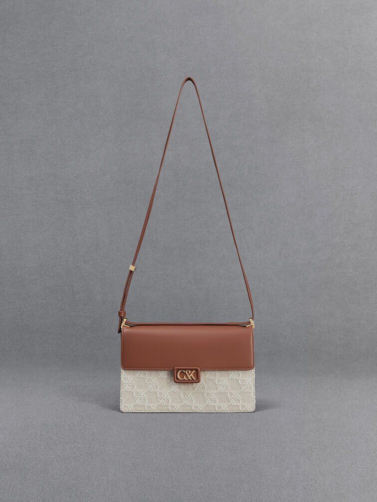 Cognac Leather & Canvas Two-Tone Shoulder Bag - CHARLES & KEITH IN