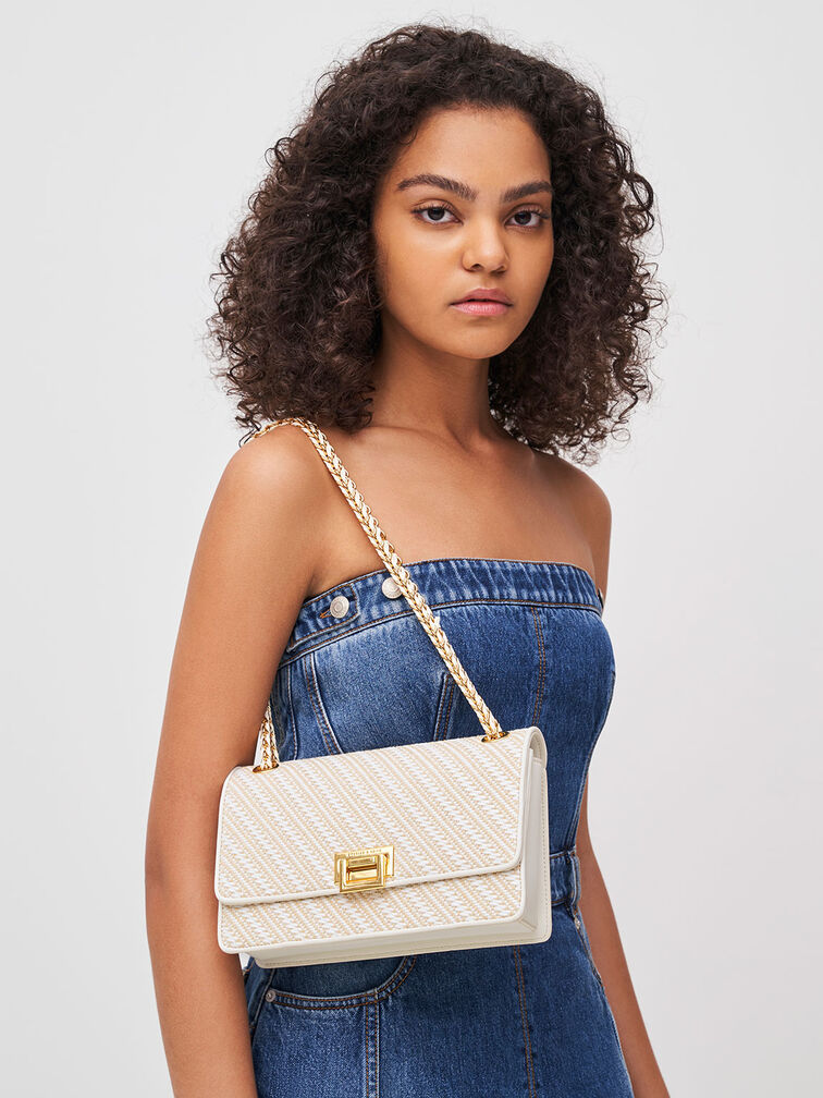 White Everline Woven Braided-Strap Shoulder Bag - CHARLES & KEITH IN