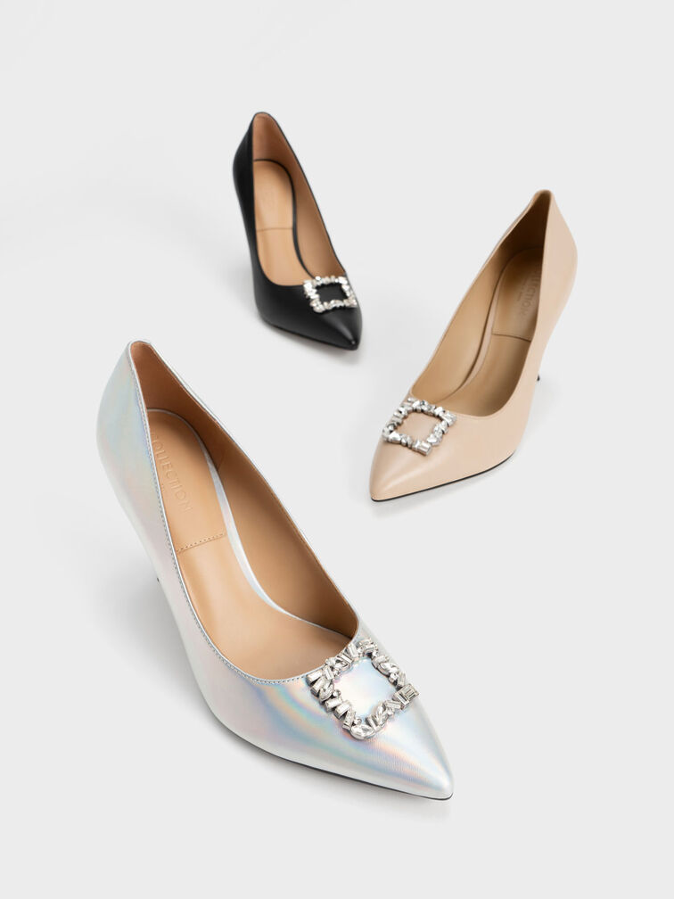 Multicoloured Holographic Leather Gem-Embellished Pumps - CHARLES ...