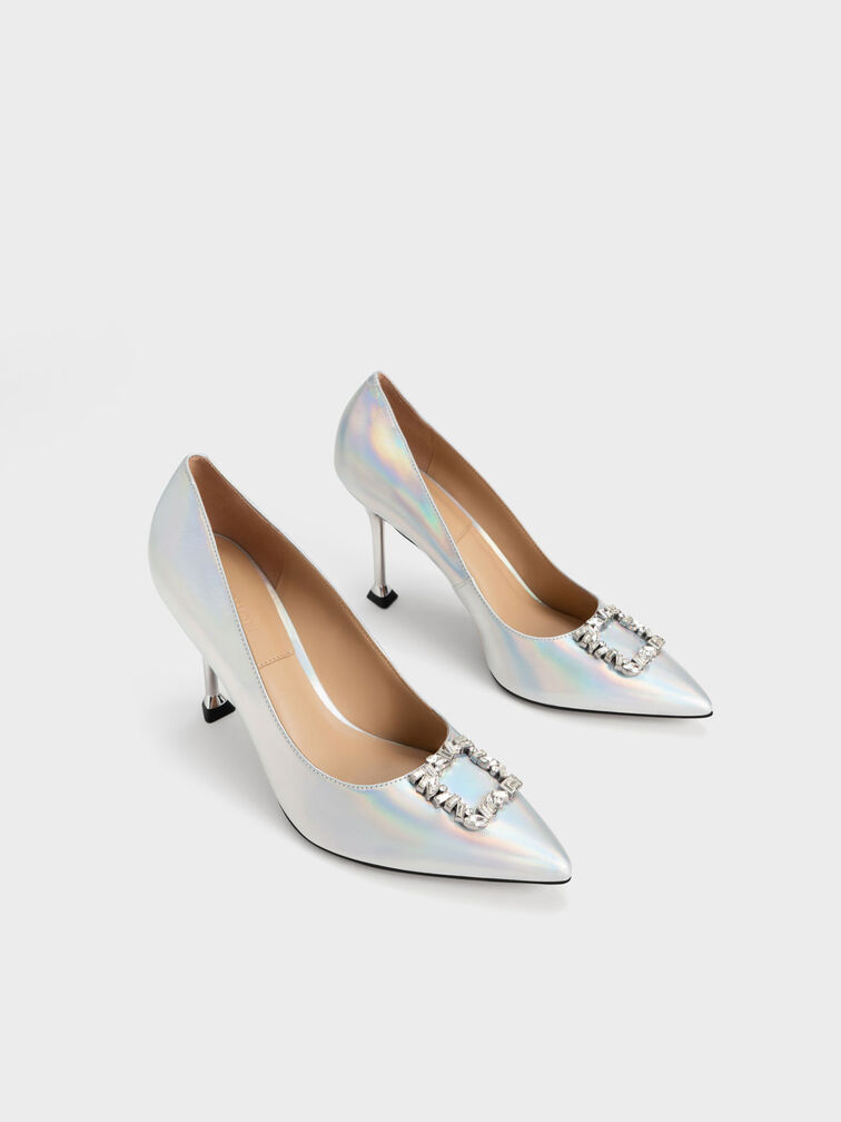 Multicoloured Holographic Leather Gem-Embellished Pumps - CHARLES ...
