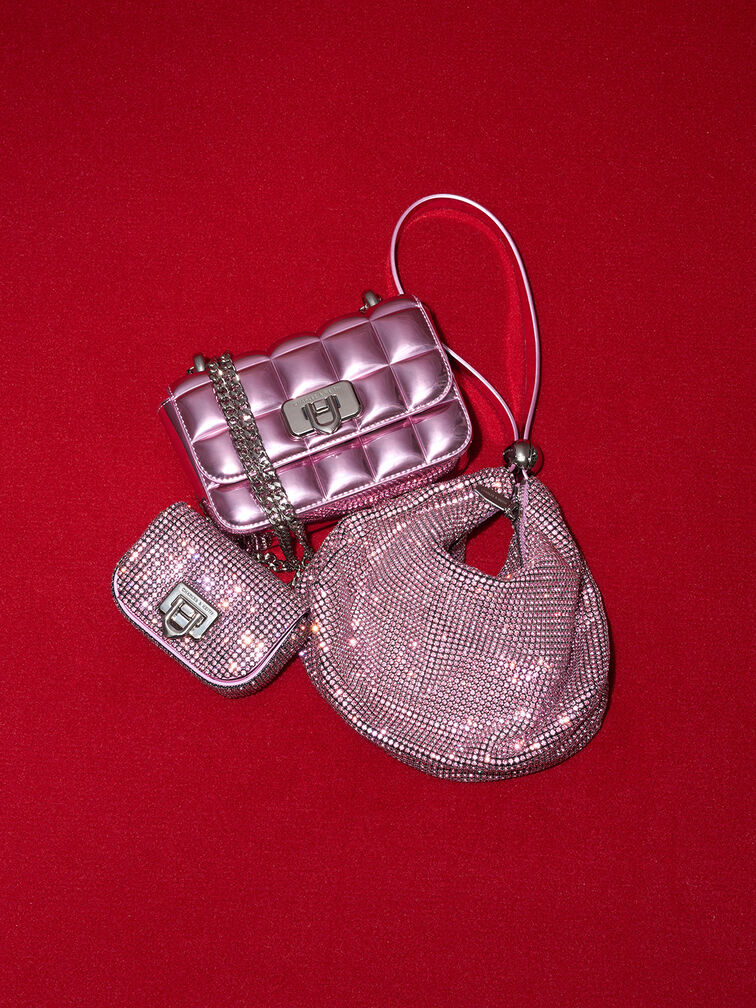 Pink Metallic Square-Quilted Chain-Handle Bag - CHARLES & KEITH IN