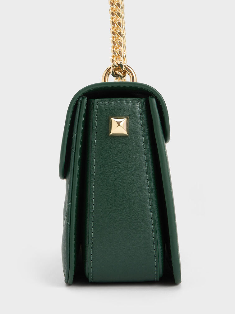 Dark Green Quilted Push-Lock Chain-Handle Bag - CHARLES & KEITH IN