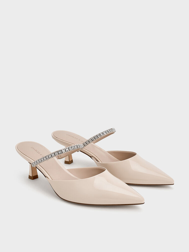 Cream Ambrosia Gem-Embellished Pointed-Toe Mules - CHARLES & KEITH IN