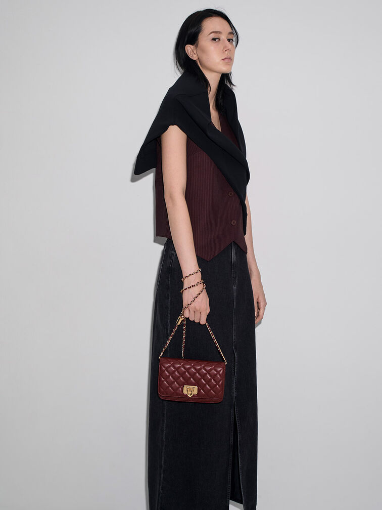 Burgundy Cressida Quilted Push-Lock Clutch - CHARLES & KEITH IN