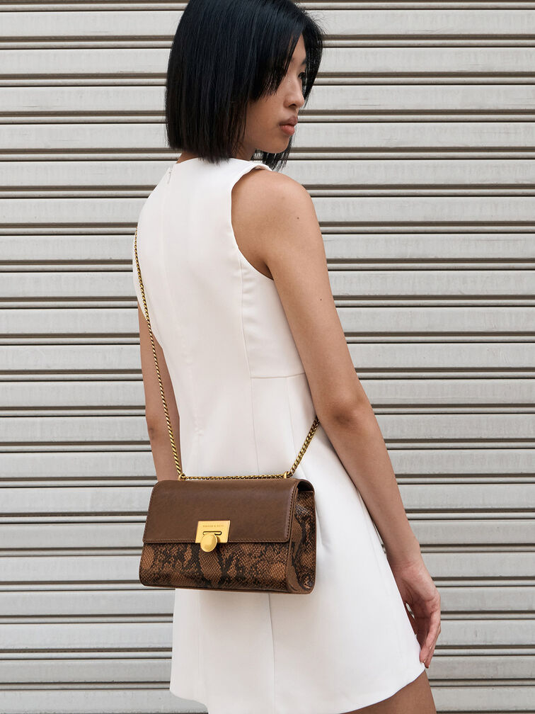 Brown Ebba Snake Print Chain-Strap Bag - CHARLES & KEITH IN