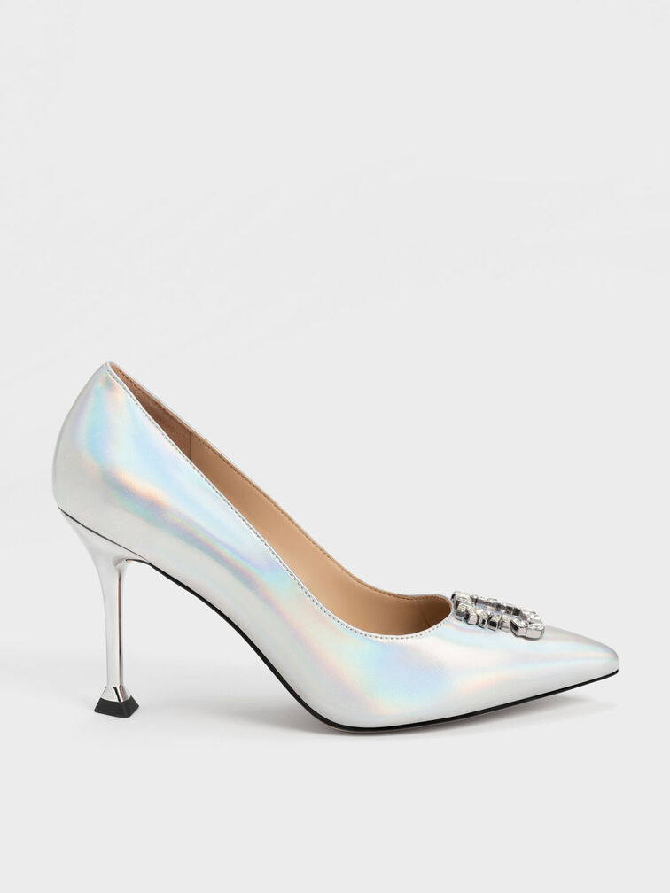 Multicoloured Holographic Leather Gem-Embellished Pumps - CHARLES ...