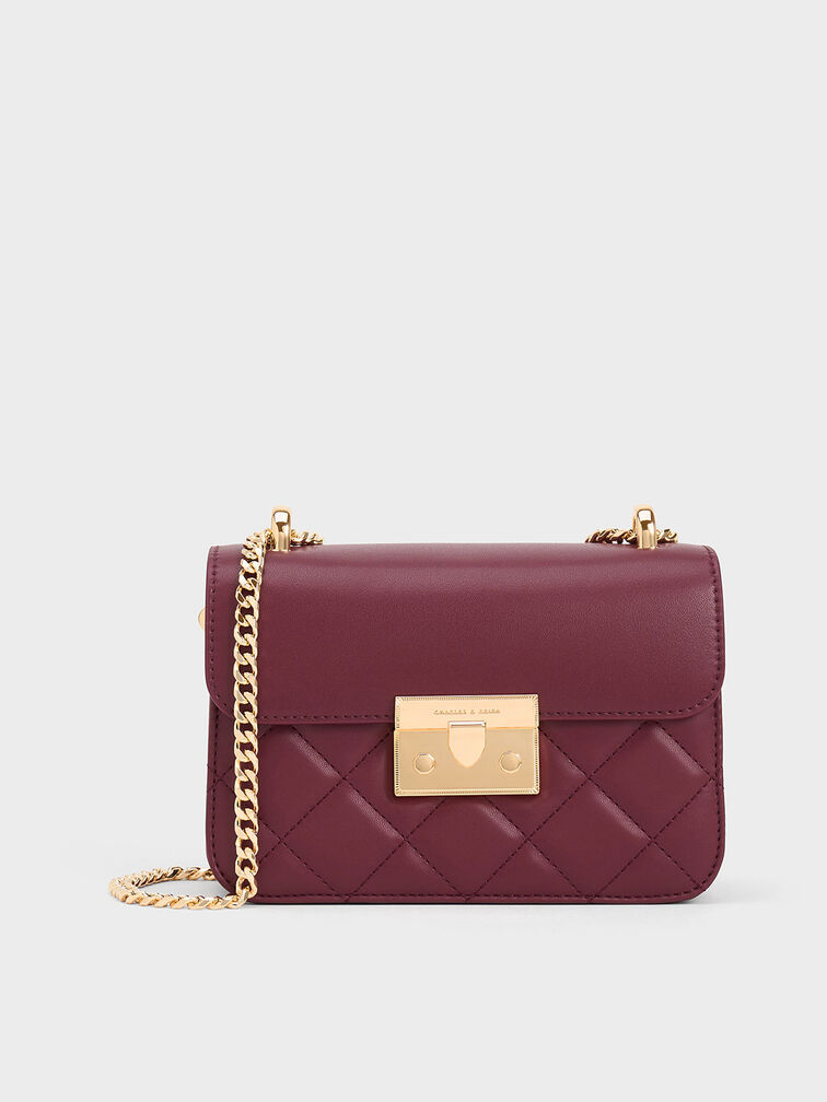 Burgundy Alva Quilted Chain-Handle Bag - CHARLES & KEITH IN
