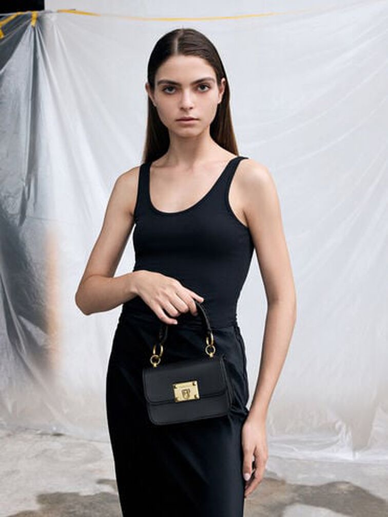 Black Metallic Turn-Lock Bag - CHARLES & KEITH IN