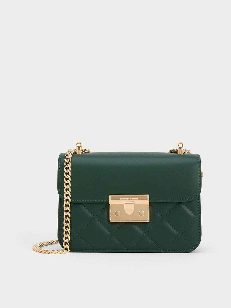 Dark Green Quilted Push-Lock Chain-Handle Bag - CHARLES & KEITH IN