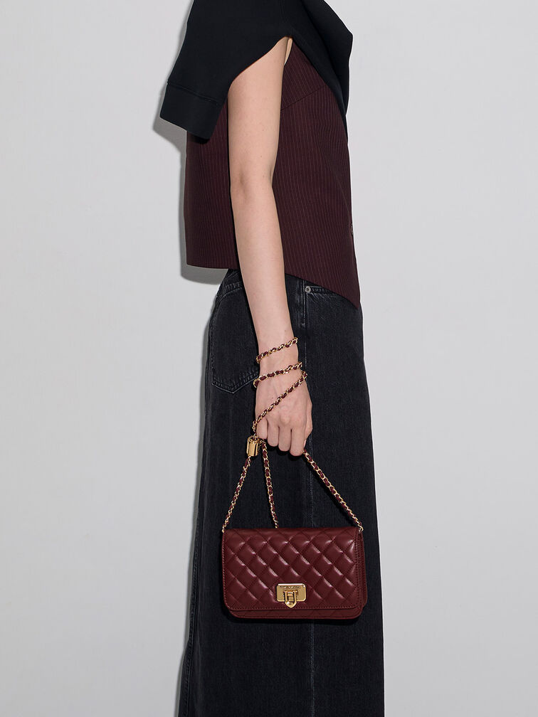Burgundy Cressida Quilted Push-Lock Clutch - CHARLES & KEITH IN