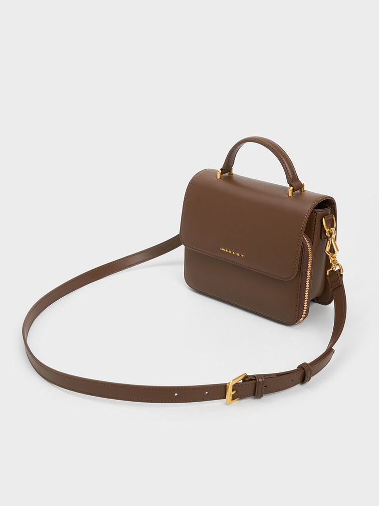 Dark Brown Octavia Front Flap Top Handle Bag - CHARLES & KEITH IN