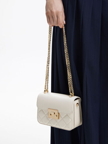 Ivory Quilted Push-Lock Chain-Handle Bag - CHARLES & KEITH IN