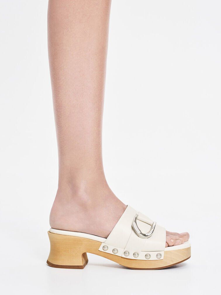 White Gabine Studded Leather Open-Toe Clogs - CHARLES & KEITH IN