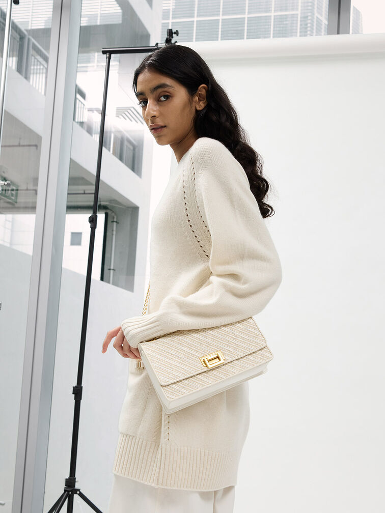 White Everline Woven Braided-Strap Shoulder Bag - CHARLES & KEITH IN
