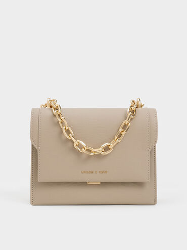 Taupe Front Flap Chain Handle Crossbody Bag - CHARLES & KEITH IN