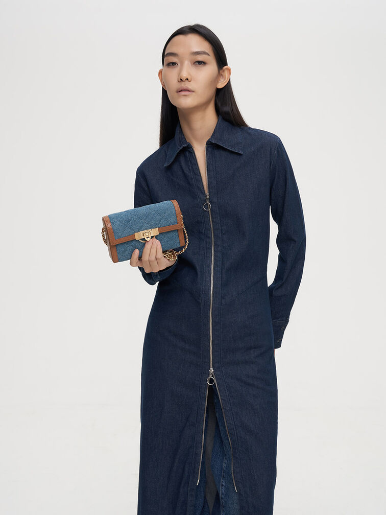 Denim Blue Tallulah Denim Metallic Push-Lock Clutch - CHARLES & KEITH IN