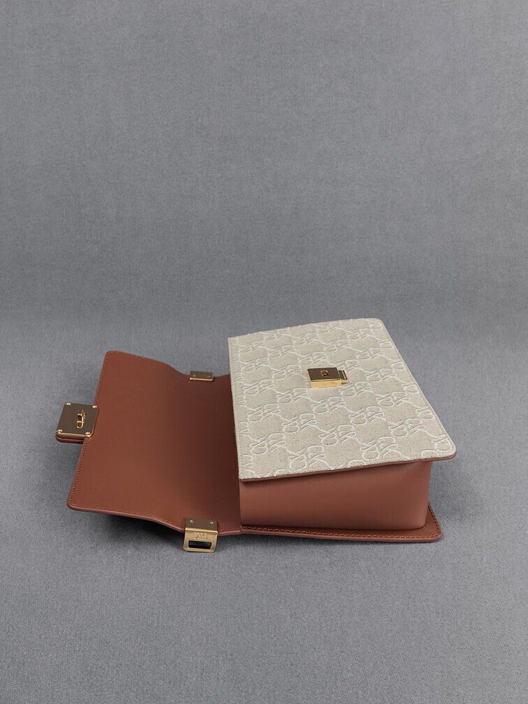 Cognac Leather & Canvas Two-Tone Shoulder Bag - CHARLES & KEITH IN
