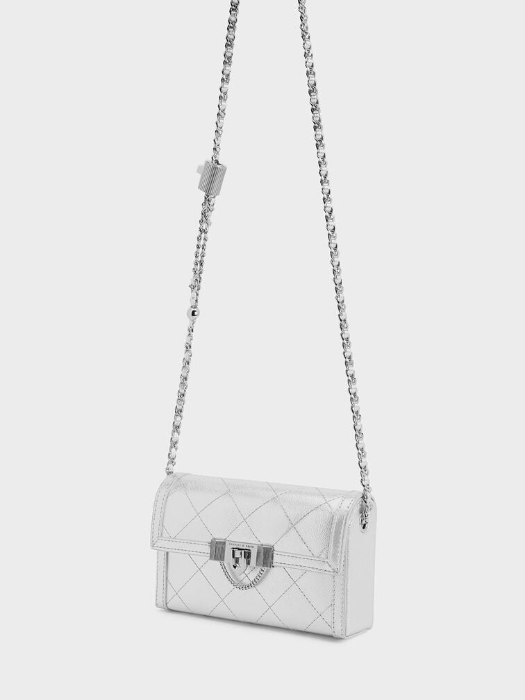 Silver Tallulah Quilted Metallic Push-Lock Clutch - CHARLES & KEITH IN