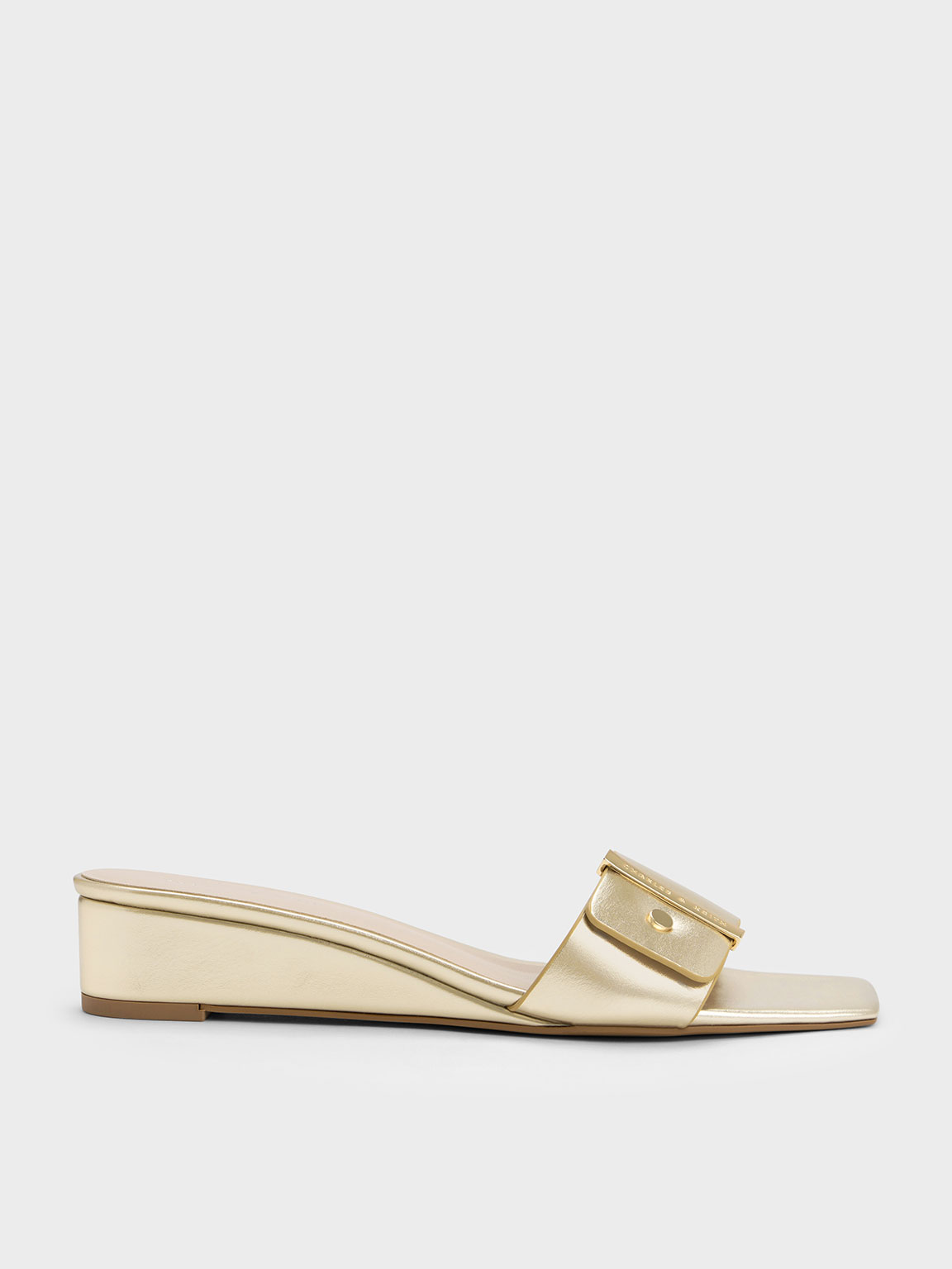 Gold Metallic Accent Square-Toe Wedges - Gold - Shoes - CHARLES & KEITH IN
