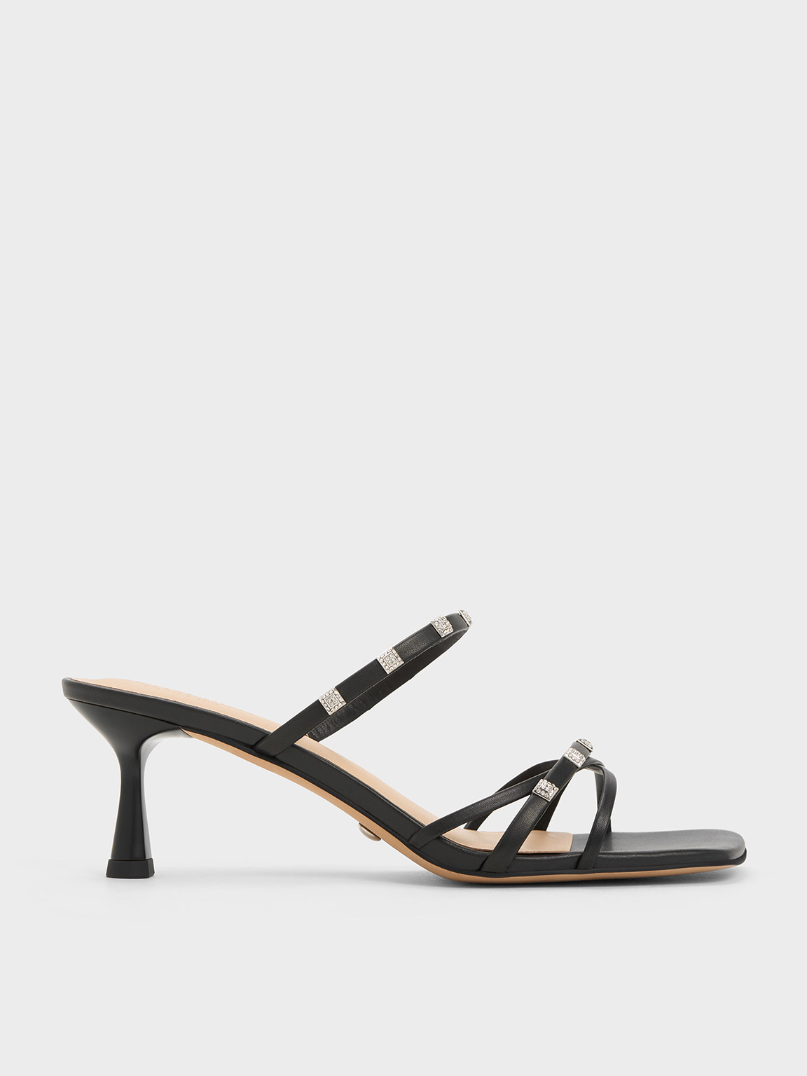 Black Square Crystal-Embellished Leather Heeled Mules - CHARLES & KEITH IN