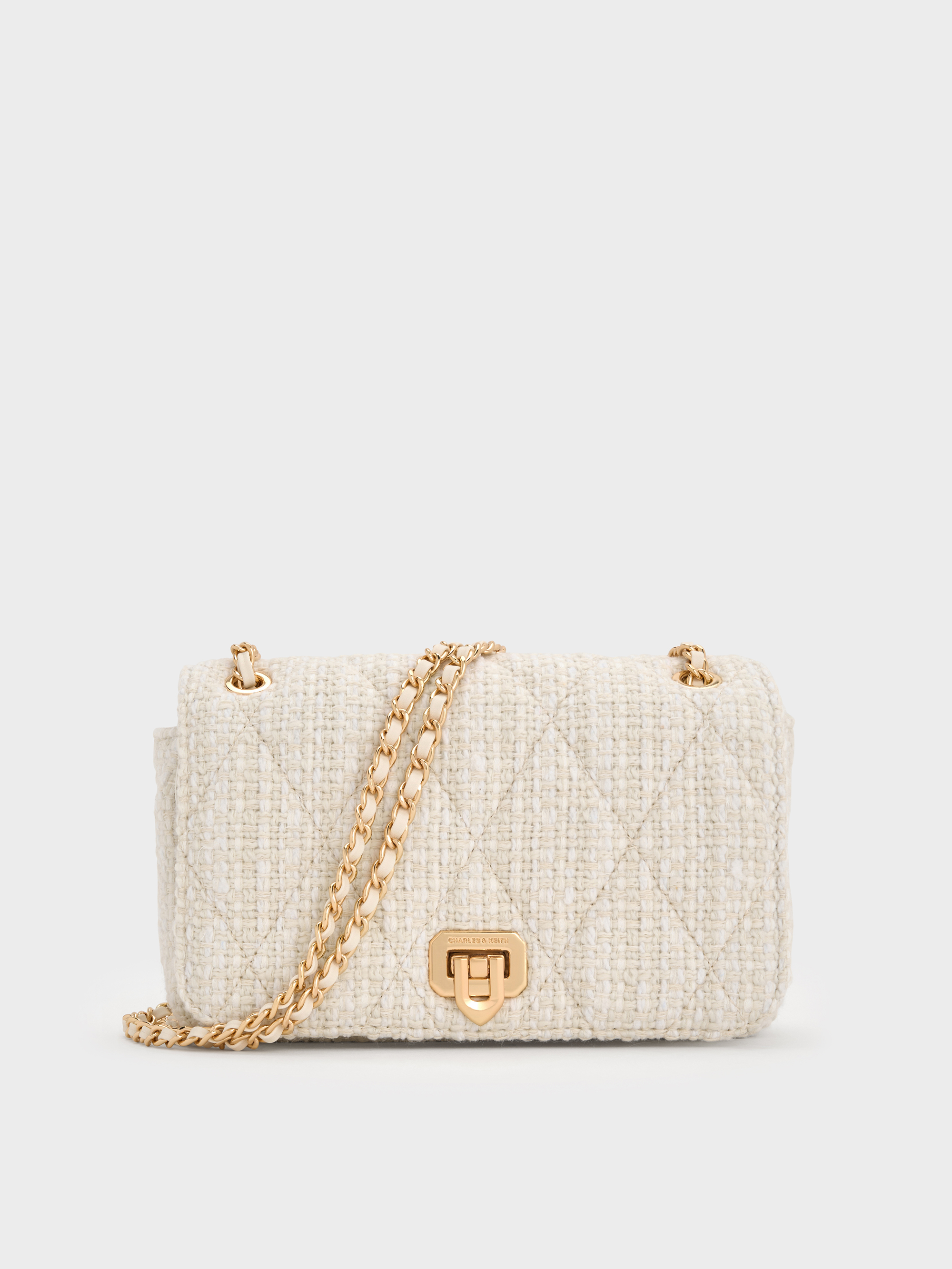 Arwen Tweed Diamond-Quilt Braided-Strap Shoulder Bag - Cream Tweed ...